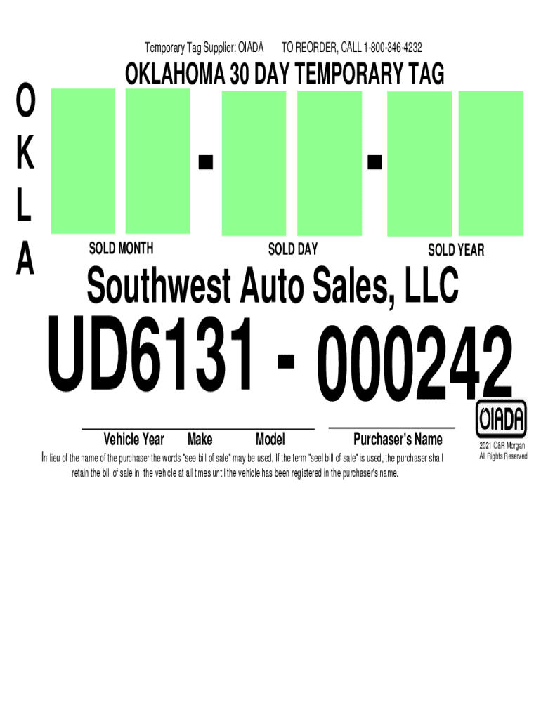 Printable Blank Oklahoma Temporary Tag Template Free Printable