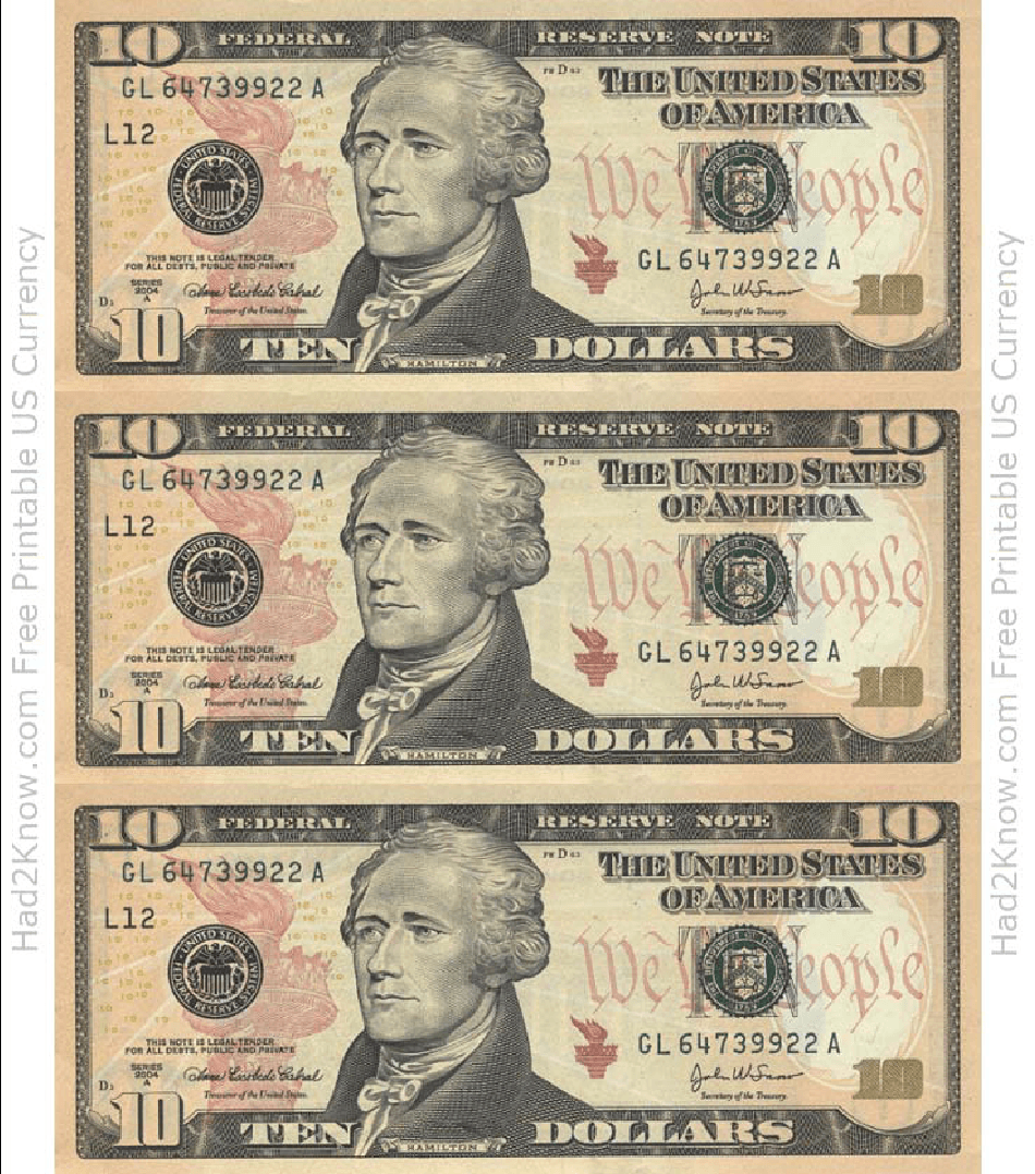 Printable 10 Dollar Bill Free Printable